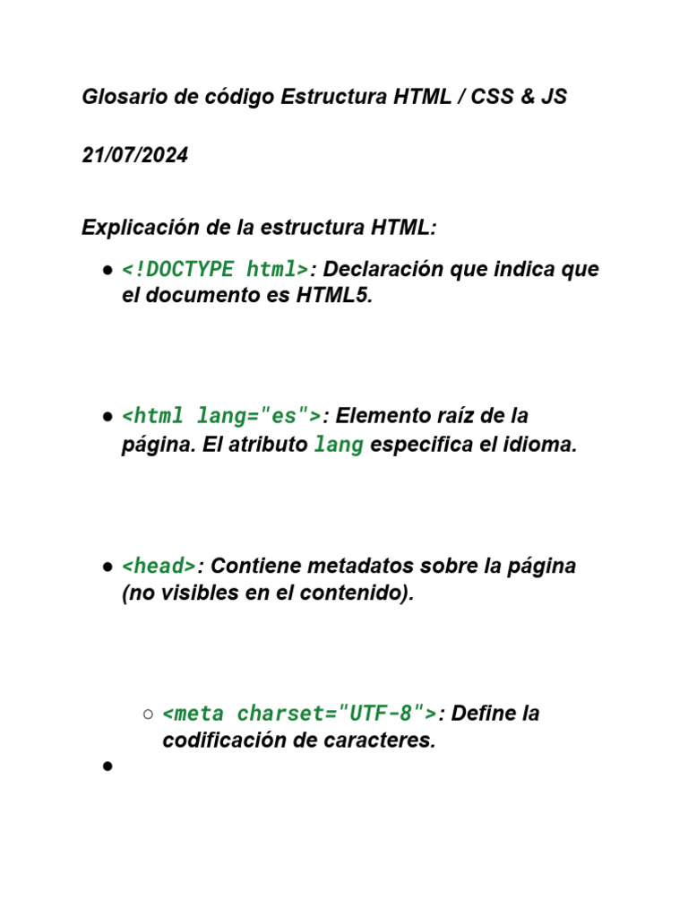 Glosario de Código Estructura HTML - CSS & JS | PDF | HTML | Hipertexto