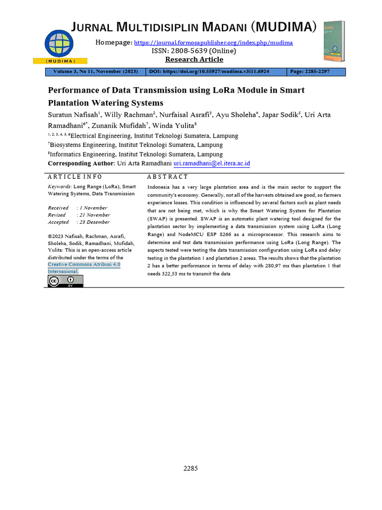 J M M (Mudima) : Performance of Data Transmission Using Lora Module in Smart Plantation Watering ...