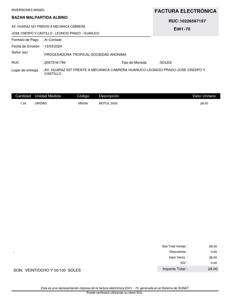 Factura 10226567157 E001 75 | PDF