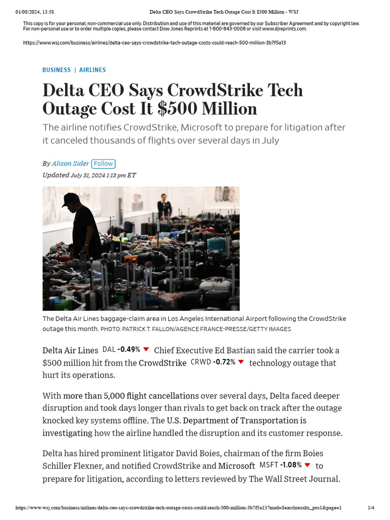 Delta CEO Says CrowdStrike Tech Outage Cost It $500 Million - WSJ | PDF ...
