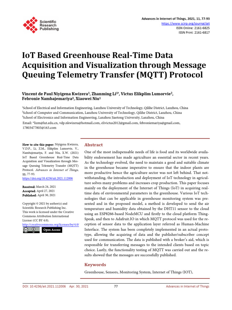 Iot Based Greenhouse Real Time Data Acquisition An Pdf Internet Of