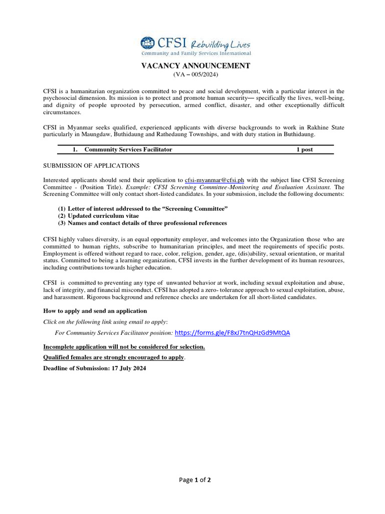 Cfsi Vacancy Announcement Washie | PDF | Wash