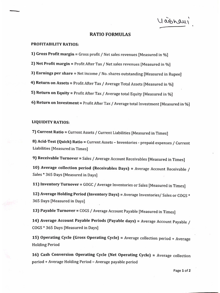 Ratio Formulas in FRA | PDF