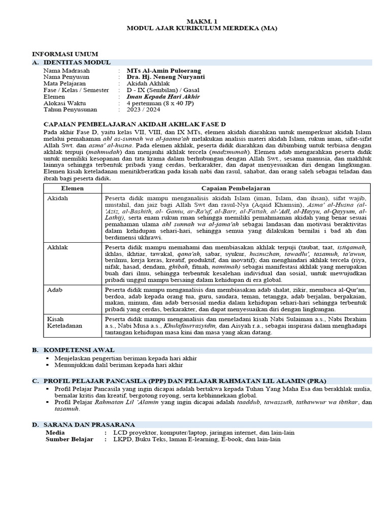 Modul Ajar Kls 9 AA Semester 1 | PDF