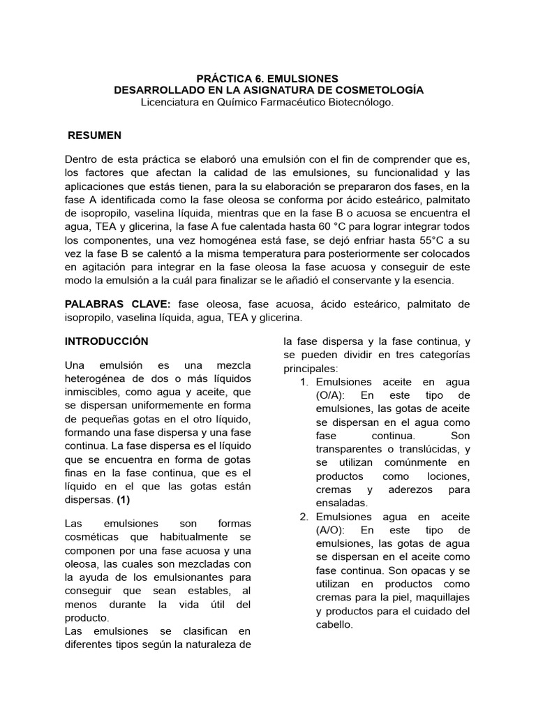 Reporte Emulsión | PDF | Emulsión | Fase (materia)