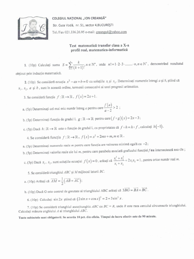 Modele Teste Matematica - Specializarea Matematica Informatica | PDF