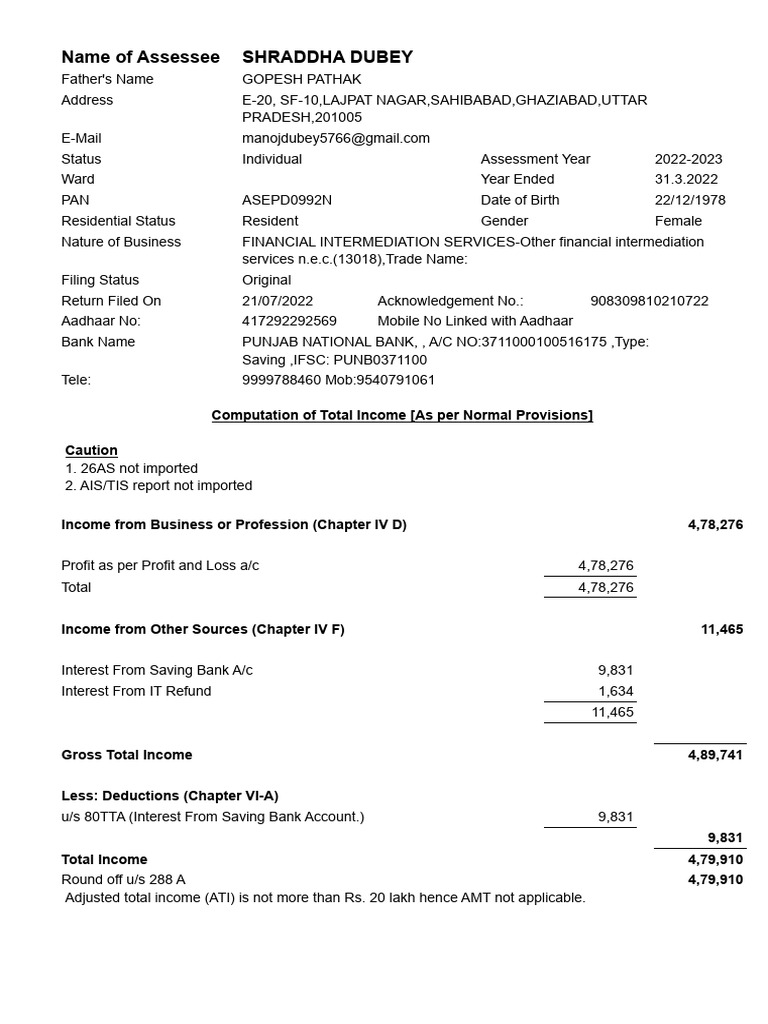Shraddha Dubey Computation 2022-23 | PDF | Taxes | Tax Refund Shraddha Dubey Computation 2022-23 | PDF | Taxes | Tax Refund
