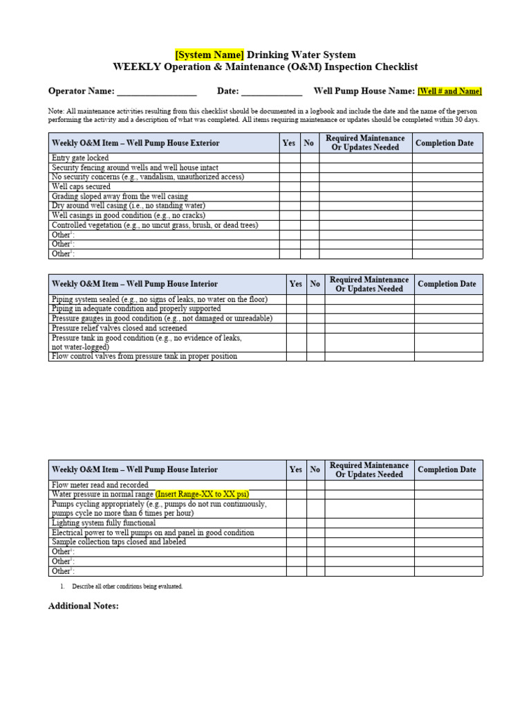 DW Weekly Insp Checklist | PDF | Pump | Pumping Station