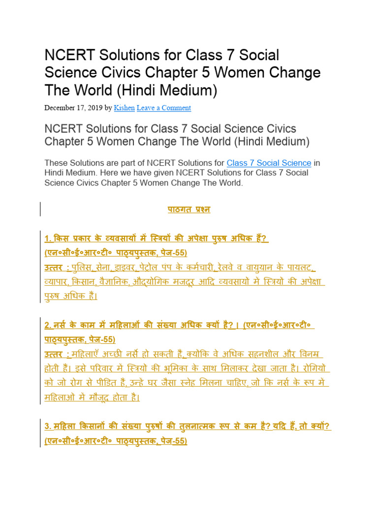 NCERT Solutions For Class 7 Social Science Civics Chapter 5 Women ...