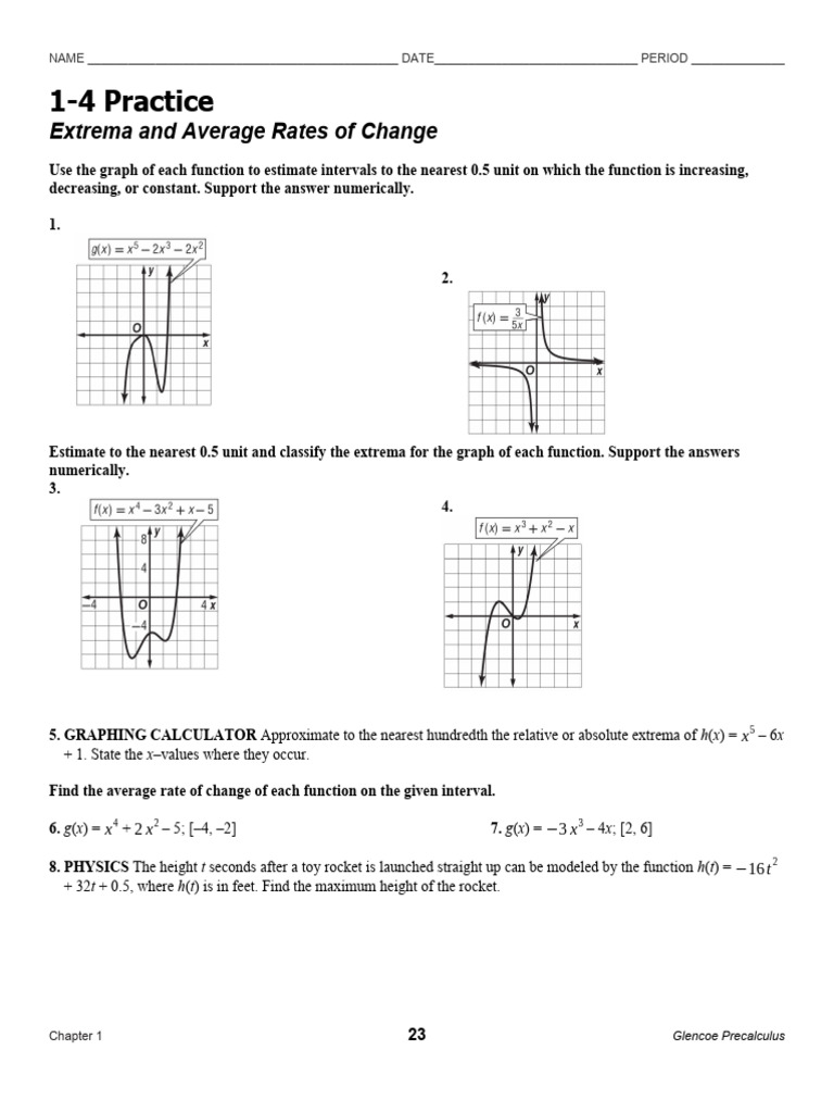 Practice Worksheet Extrema and Average Rates of Change | PDF