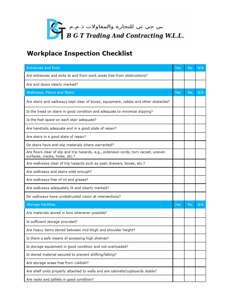 Workplace Inspection Checklist | PDF | Stairs | Personal Protective ...