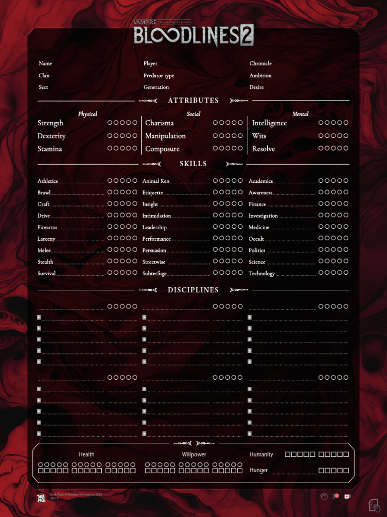 VtM5e ENG CharacterSheet 2pTRIBUTE Bloodlines2 | PDF