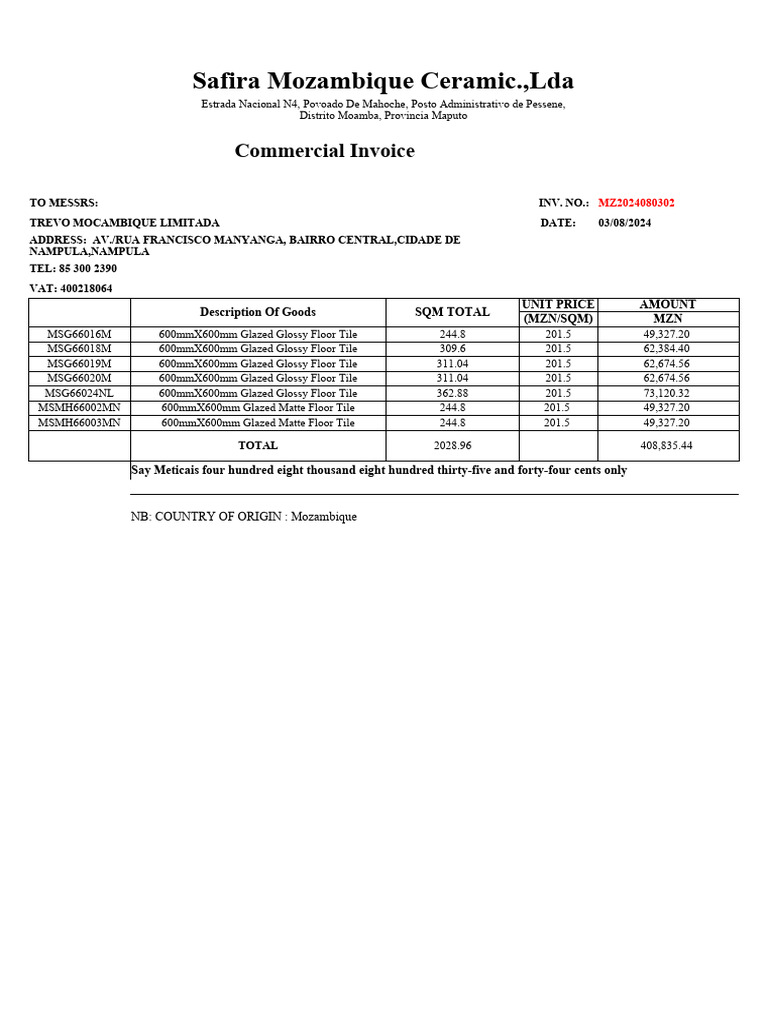 CI & PL 2024080302 for Trevo-1 | PDF | Interior Design | Mosaic