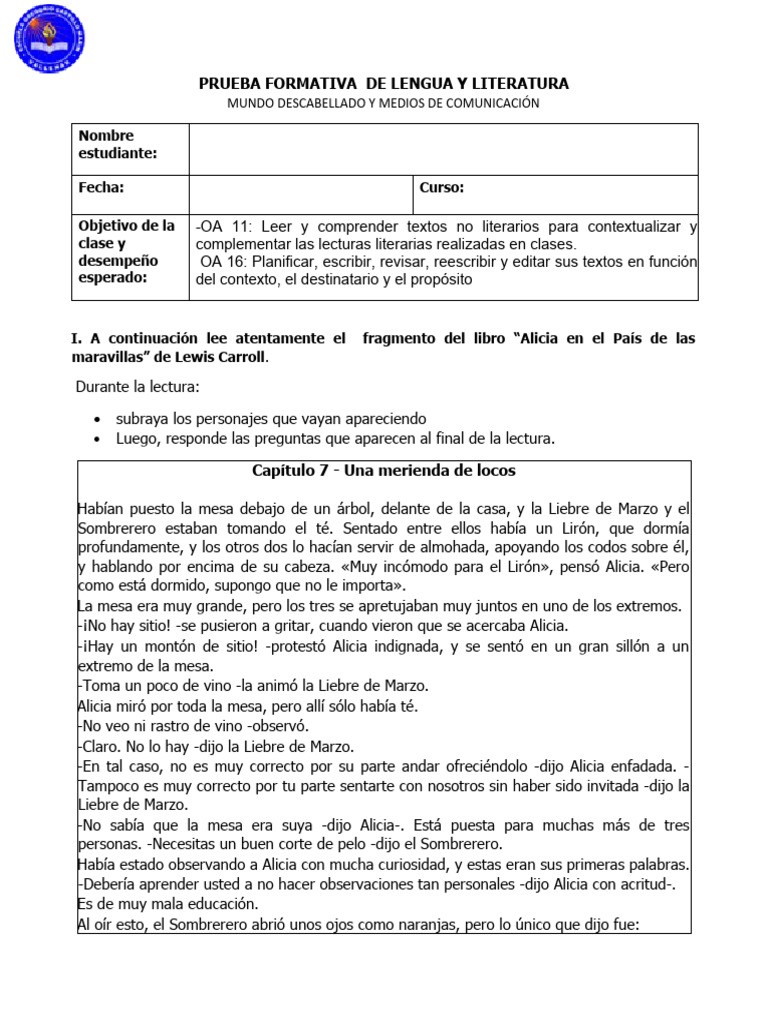 Prueba Formativa Mundo Descabellado | PDF | Las aventuras de Alicia en ...
