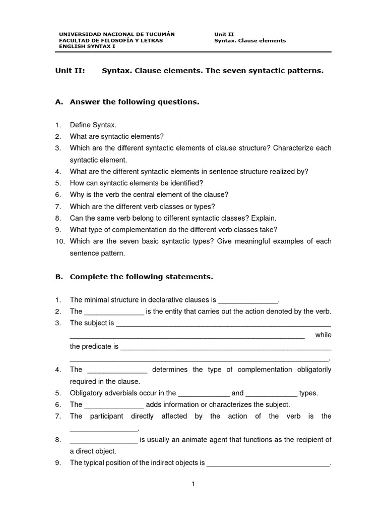 Study Guide 2 Unit II Syntax Clause Elements 2020 | PDF | Clause | Syntax