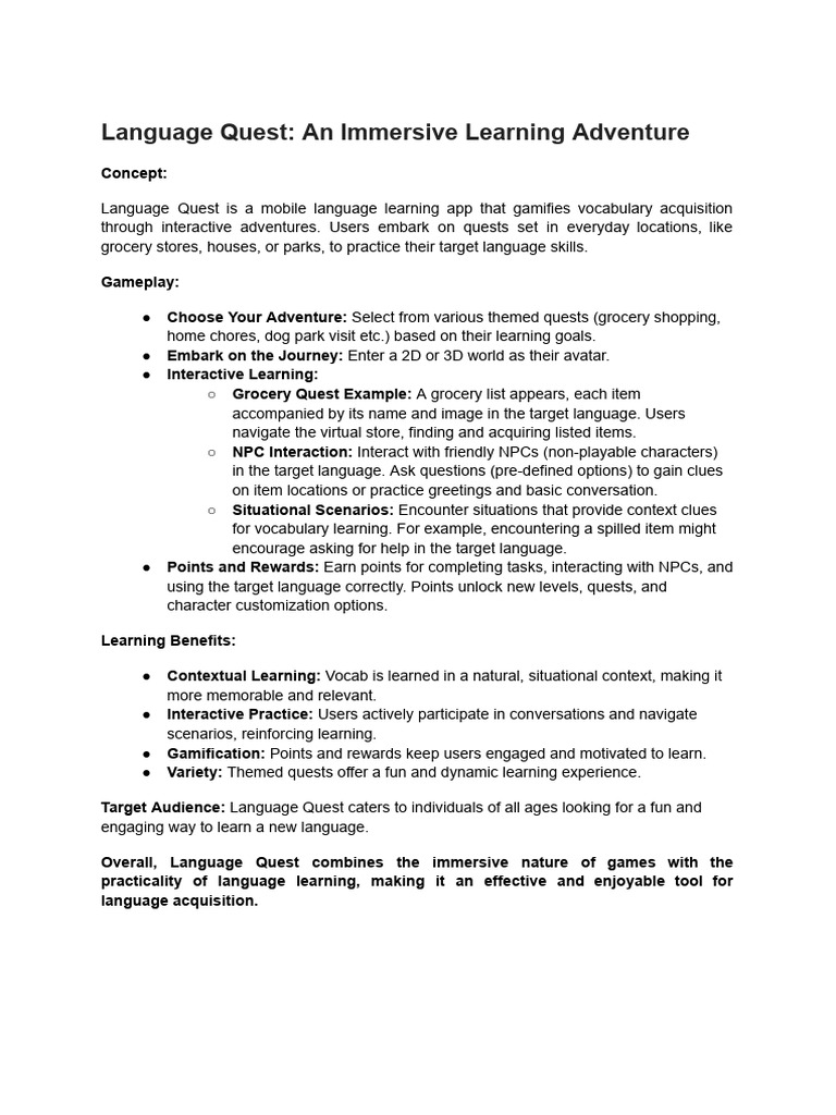 Language Quest - An Immersive Learning Adventure | PDF | Career & Growth | Foreign Language Studies