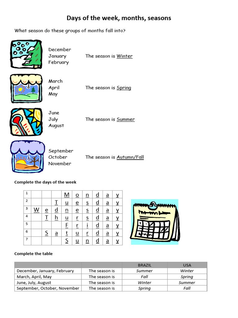Days of The Week, Months, Seasons | PDF