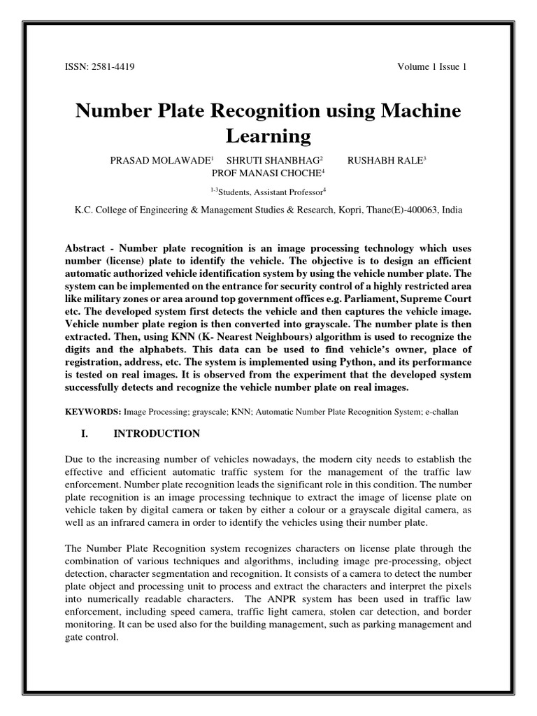 Number Plate Recognition Using Machine Pdf Machine Learning
