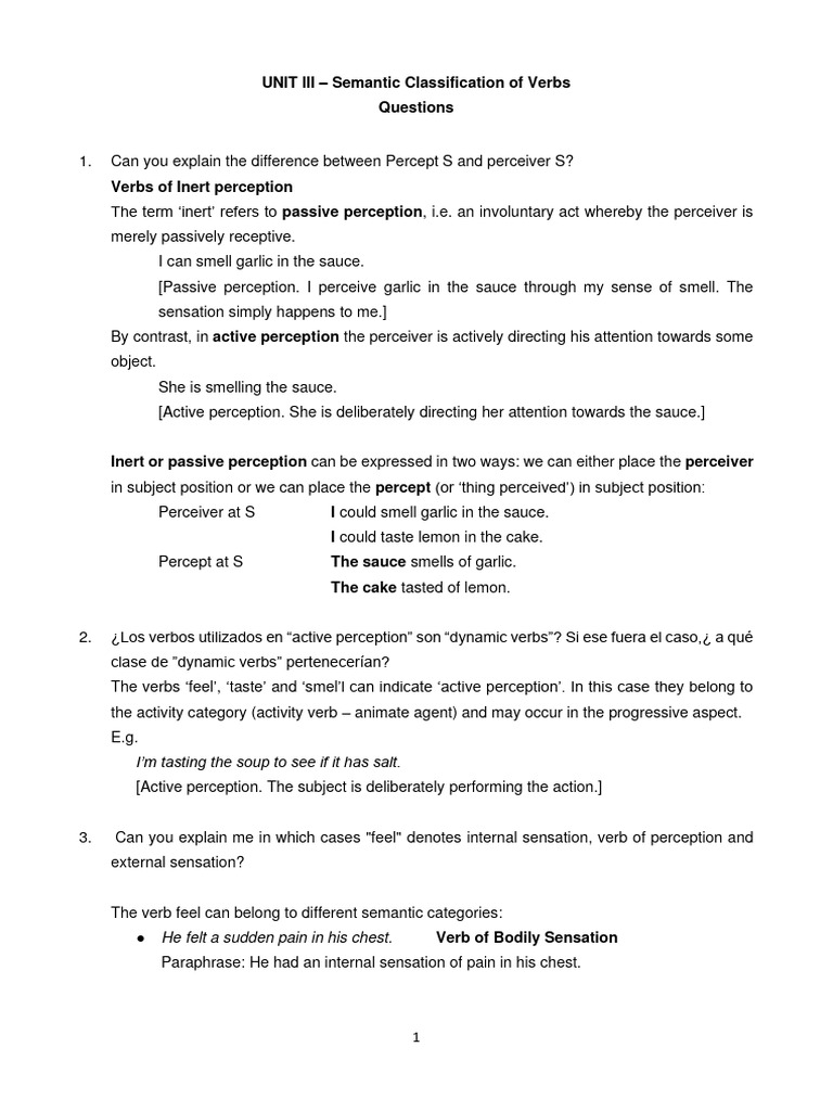 Unit III Semantic Classifications of Verbs Answers To Questions | PDF | Perception | Verb