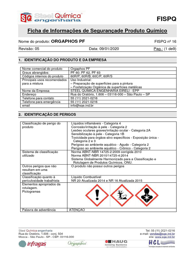 FISPQ do Produto Orgaphos PF | PDF | Química | Dióxido de carbono