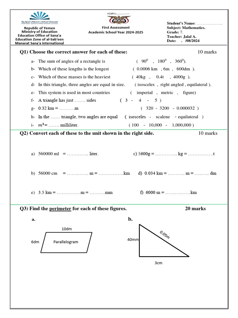 1st Assessment g7 - Last Edit | PDF | Triangle | Triangle Geometry