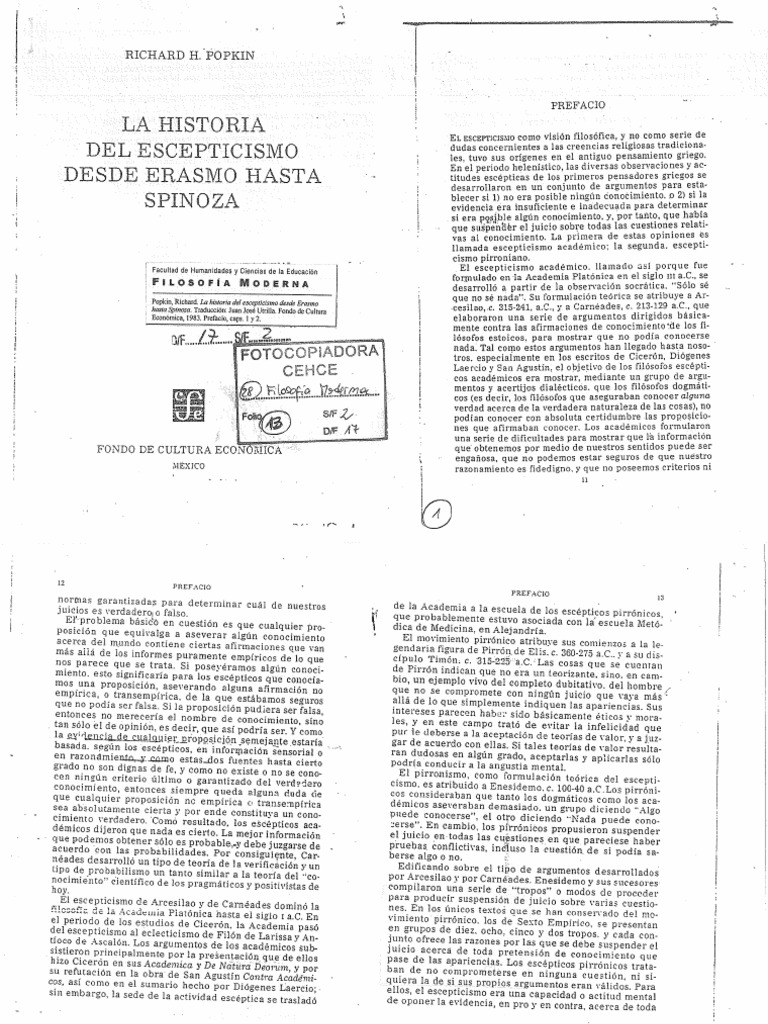 Popkin. La Historia Del Escepticismo Prefacio y Cap. 1 | PDF
