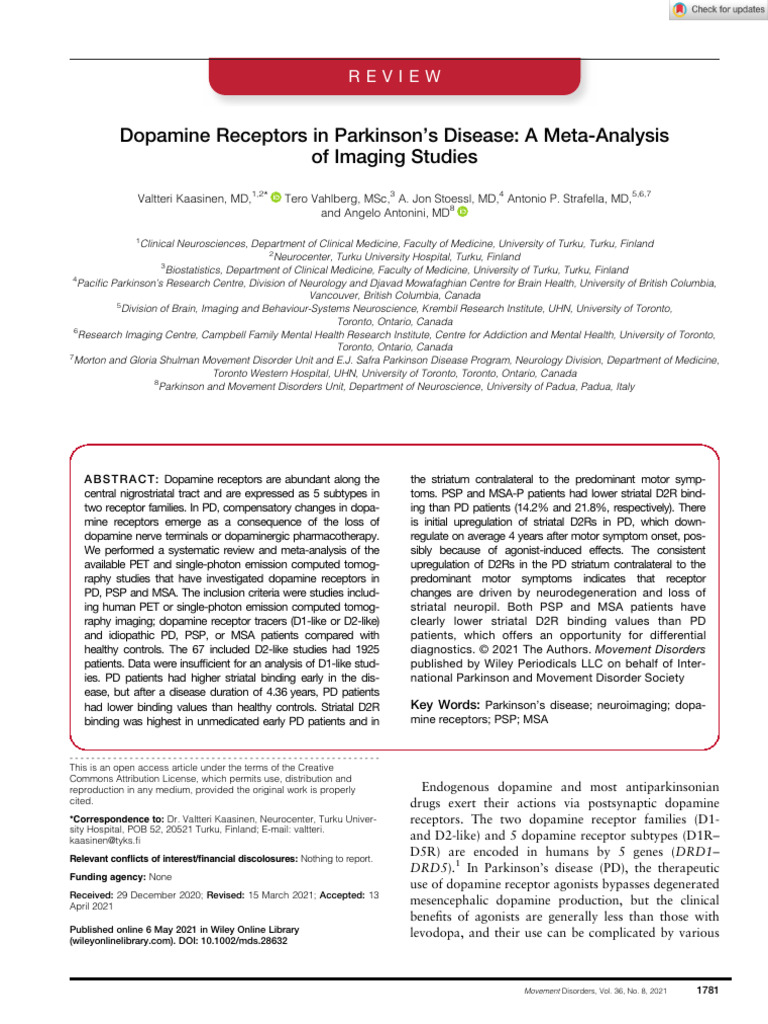 Movement Disorders - 2021 - Kaasinen - Dopamine Receptors in Parkinson S Disease A Meta Analysis ...