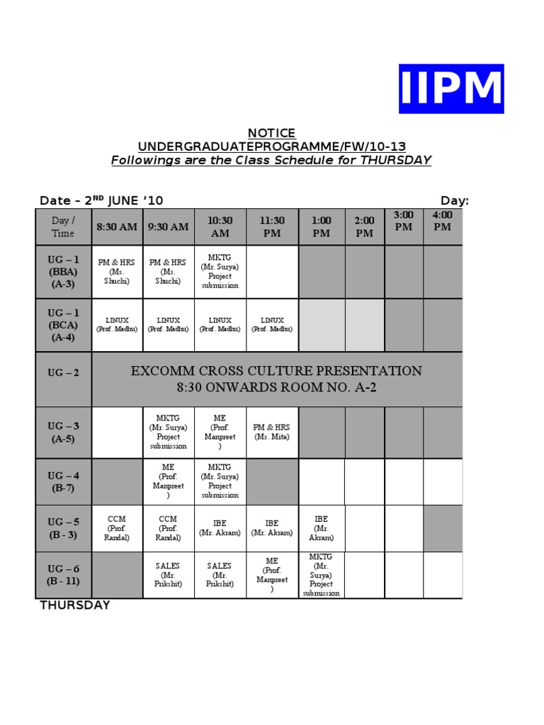 IIPM Undergraduate Class Schedule 2010 | PDF | Science & Mathematics