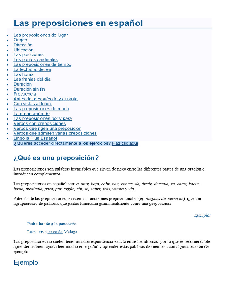 Las Preposiciones en Español | PDF | Preposición y Postposición | Verbo