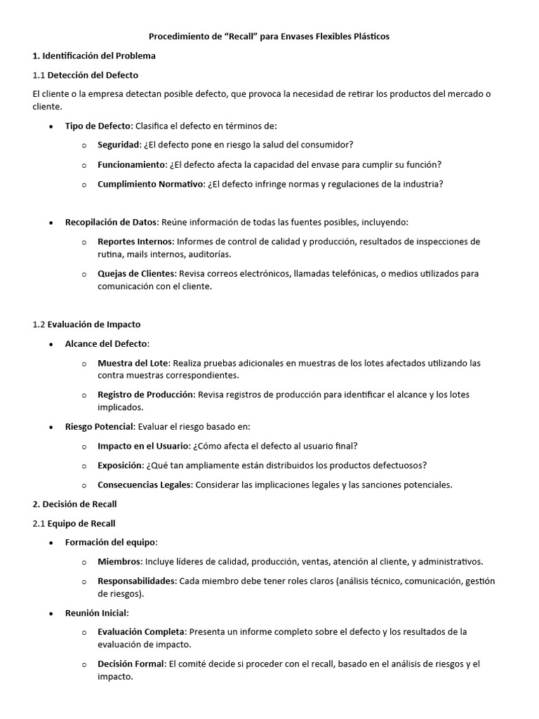 Procedimiento de Recall Envases Plásticos | PDF | Calidad (comercial ...