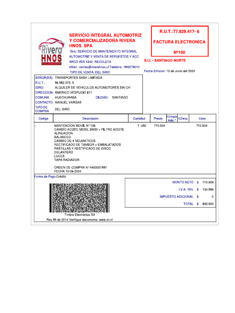 Factura N°100 - Bash - MOVIL N°136 | PDF