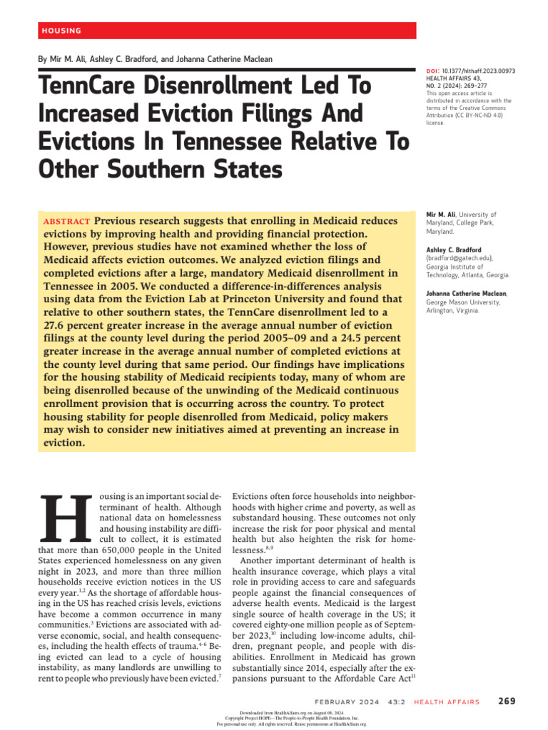 Ali Et Al 2024 Tenncare Disenrollment Led To Increased Eviction Filings ...