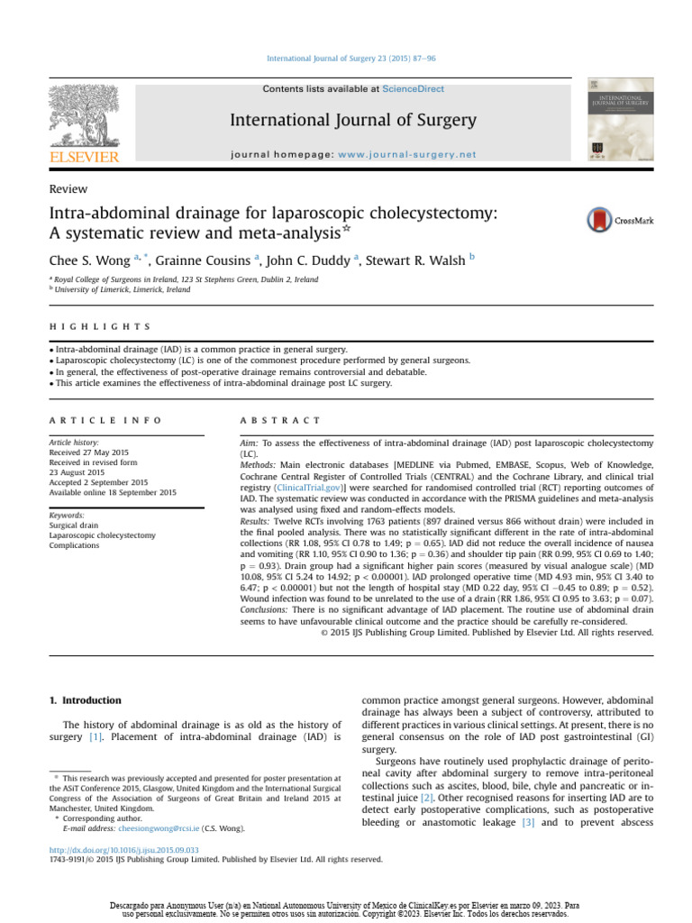 Intra-Abdominal Drainage For Laparoscopic Cholecystectomy | PDF ...