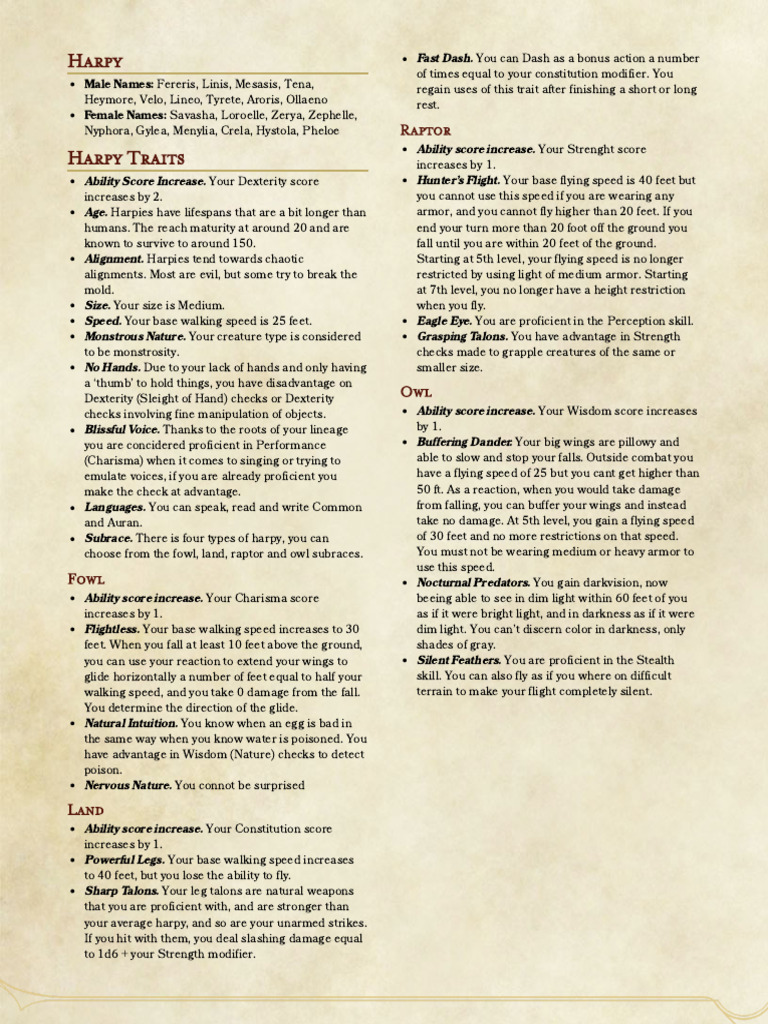 Harpy Traits and Subraces Overview | PDF | Birds | Birds Of Prey