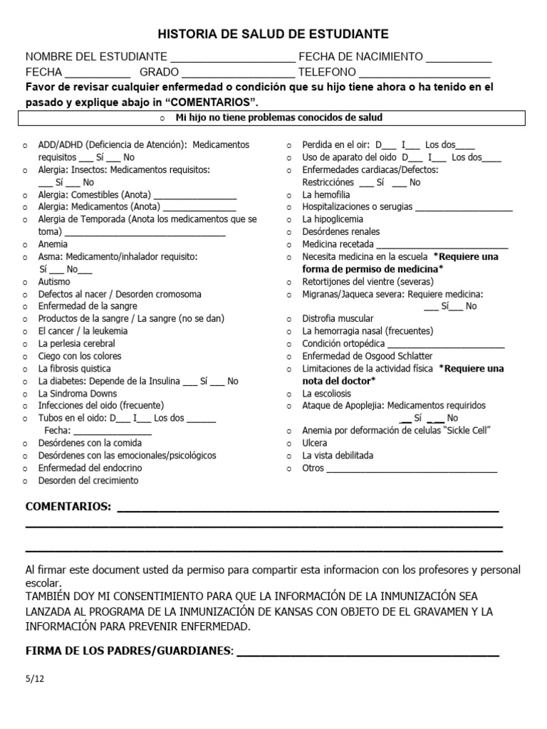 Student Health History - Spanish | PDF | Enfermedades y trastornos ...