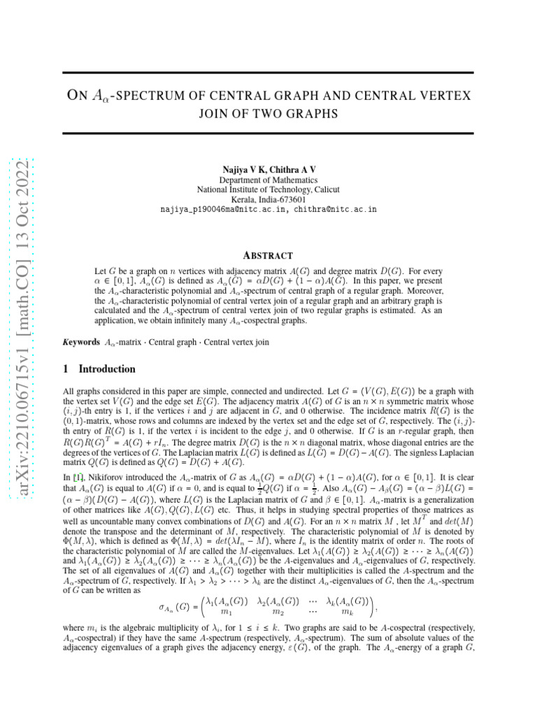 On $A - ( - Alpha) $-Spectrum of Central Graph and Central Vertex Join of Two Graphs | PDF ...