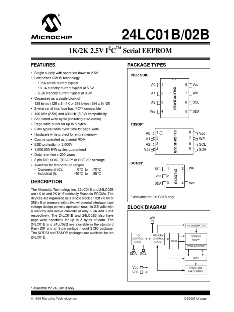 24LC01B/02B: 1K/2K 2.5V I C Serial EEPROM | PDF | Bit | Pointer (Computer Programming)