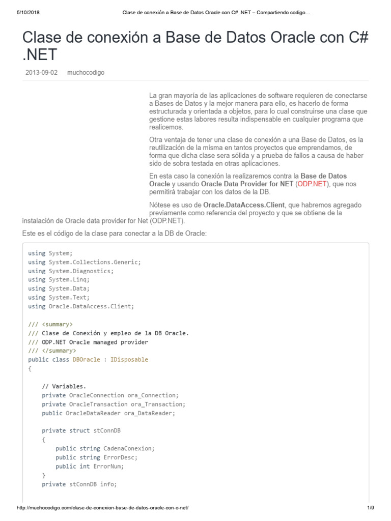 Clase de Conexión A Base de Datos Oracle Con C# NET | PDF | C Sharp (lenguaje de programación) | SQL