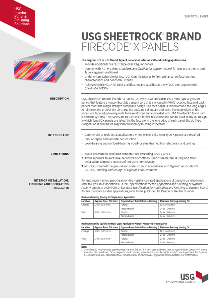 Usg Sheetrock Firecode X Panels Submittal en Usa WB2964 | PDF | Drywall ...