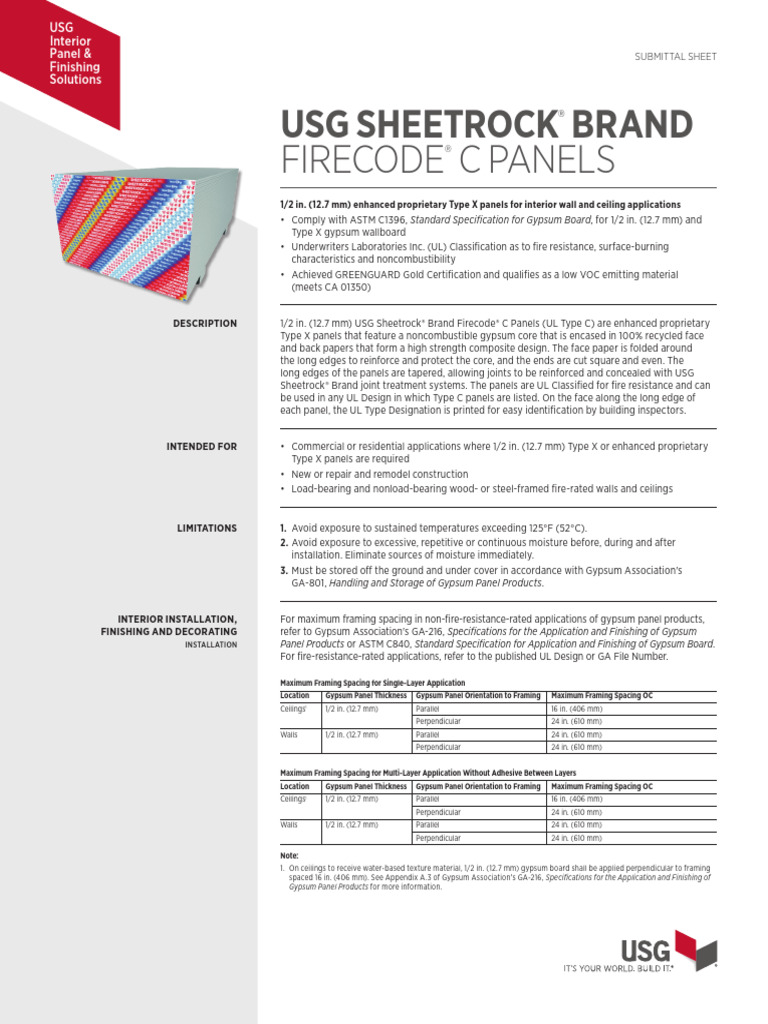 Usg Sheetrock Firecode c Panels Submittal en Usa WB2965 | PDF | Drywall ...