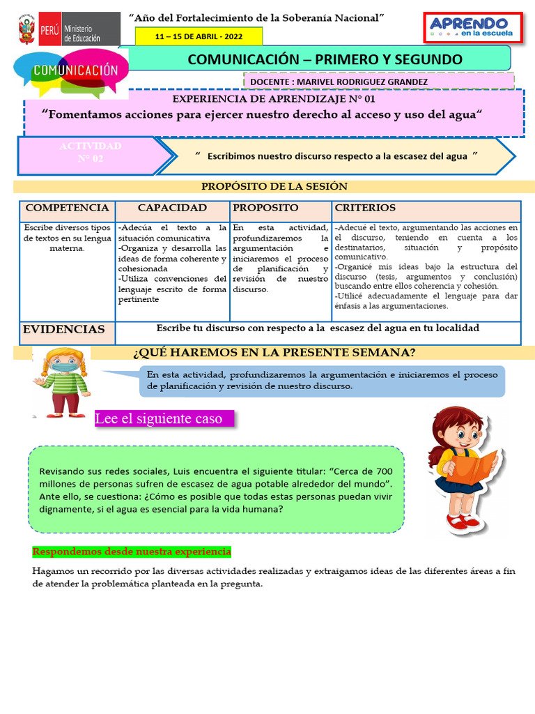 Experiencia de Aprendizaje 1 - Actividad 2 - 1ero y 2do Grado - Comunicacion | PDF | Hablar en ...