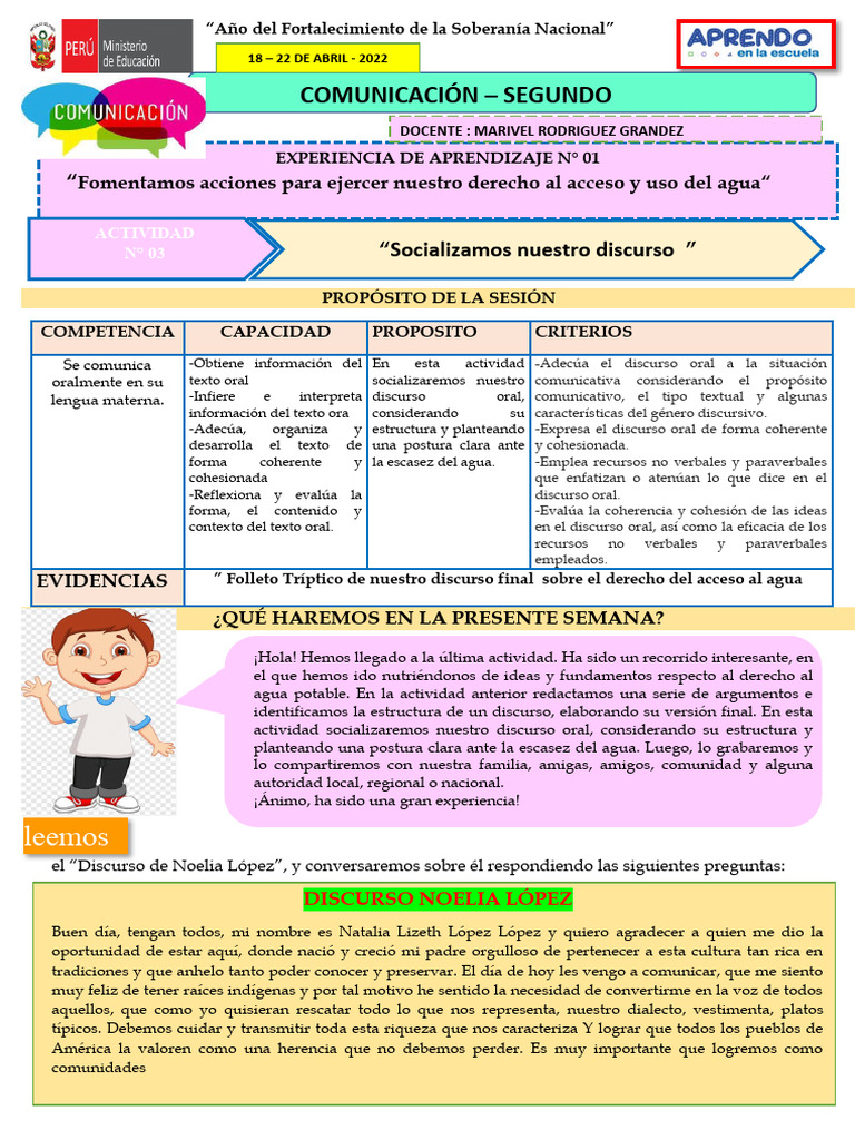 Experiencia de Aprendizaje 1 - Actividad 3 - 1ero y 2do Grado - Comunicacion | PDF | Hablar en ...