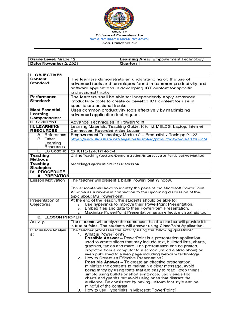 lesson plan for demo_Empowerment Technologies | PDF | Microsoft Power ...