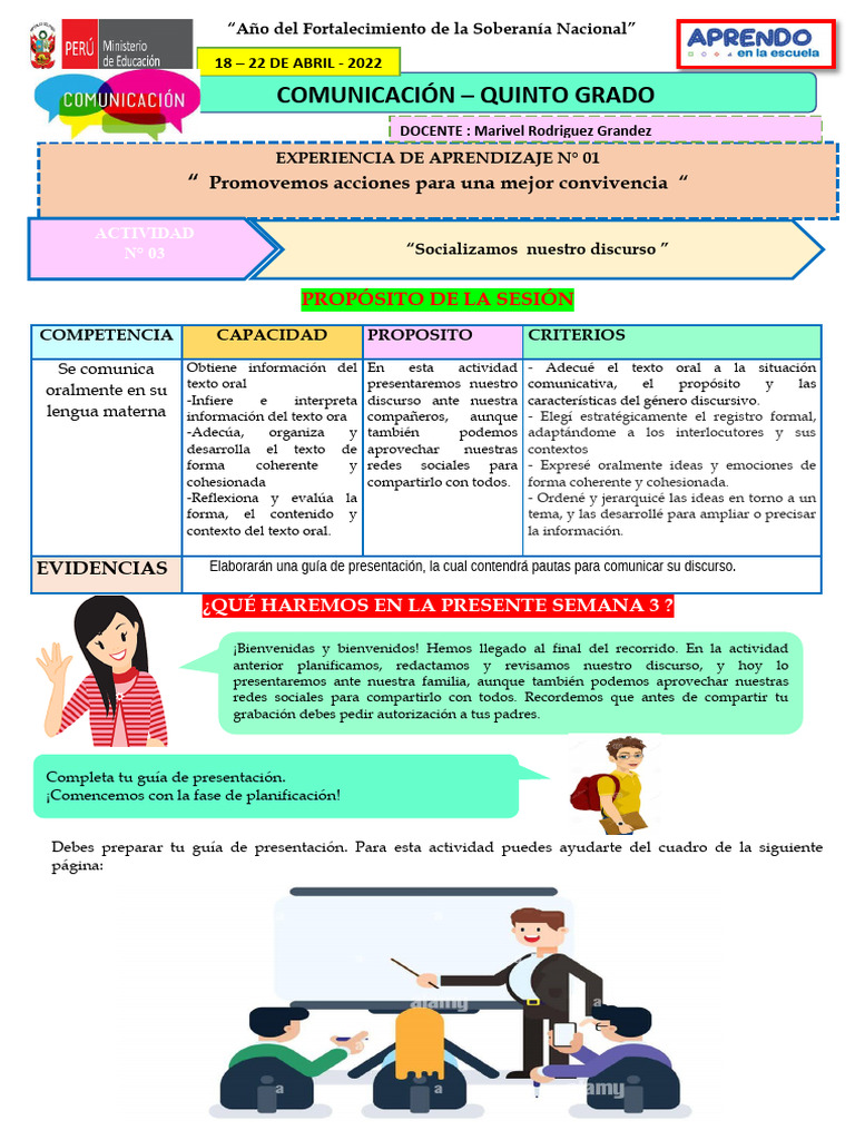 Experiencia de Aprendizaje 1 - Actividad 3 - 5to Grado - Comunicacion | PDF | Hablar en público
