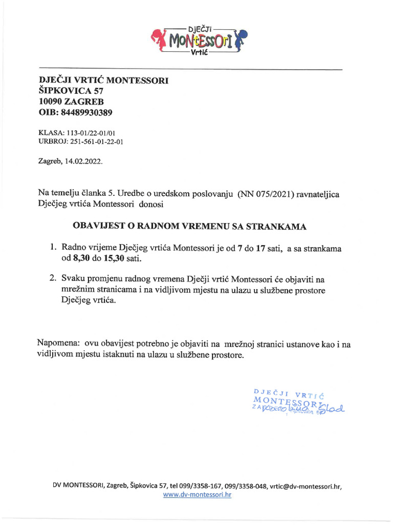Obavijest o Radnom Vremenu DV Montessori | PDF