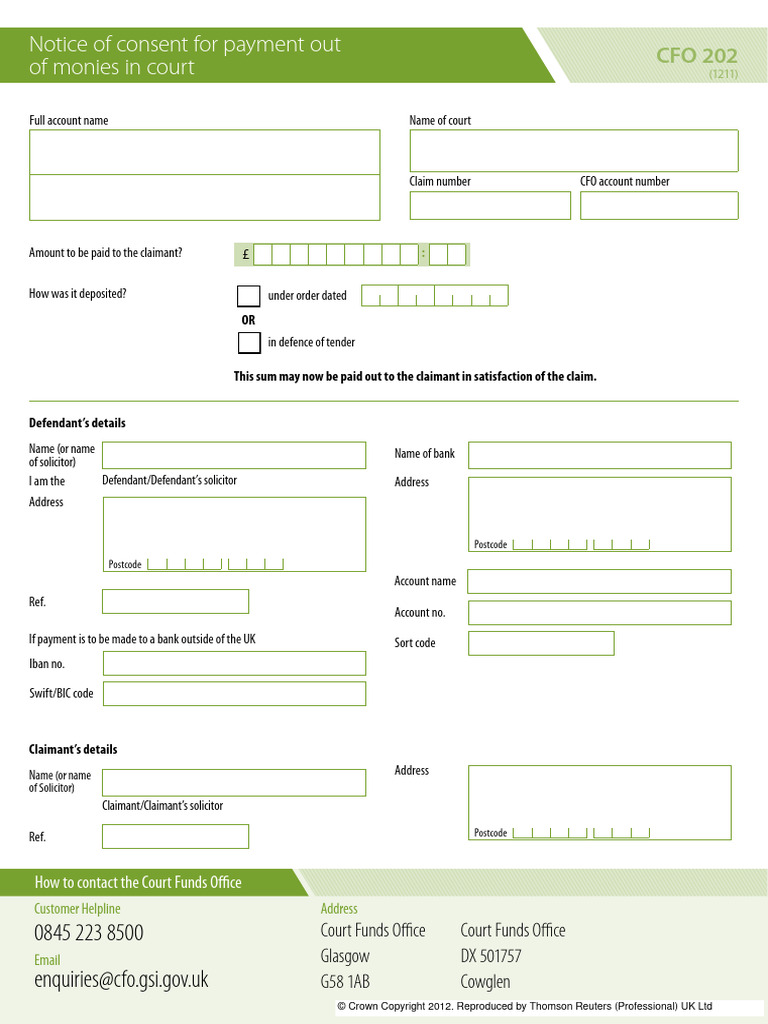 CFO 202 Notice of Consent For Payment Out of Monies in Court | PDF ...