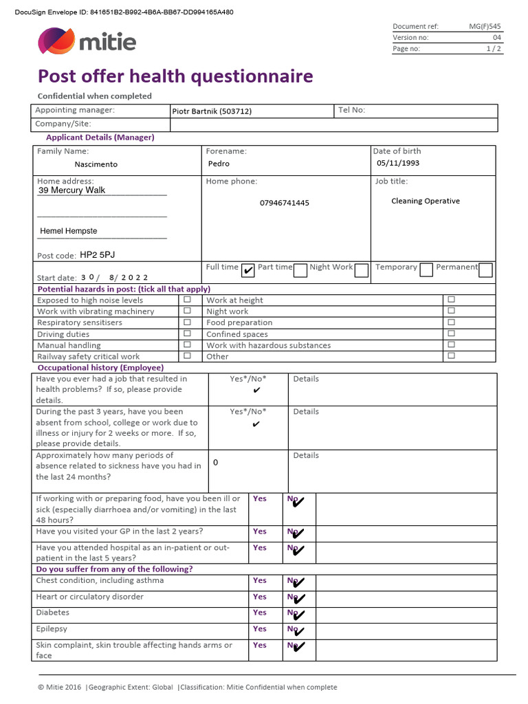 PostOfferHealthQuestionnaire Version 1 | PDF | Tuberculosis | Mental ...