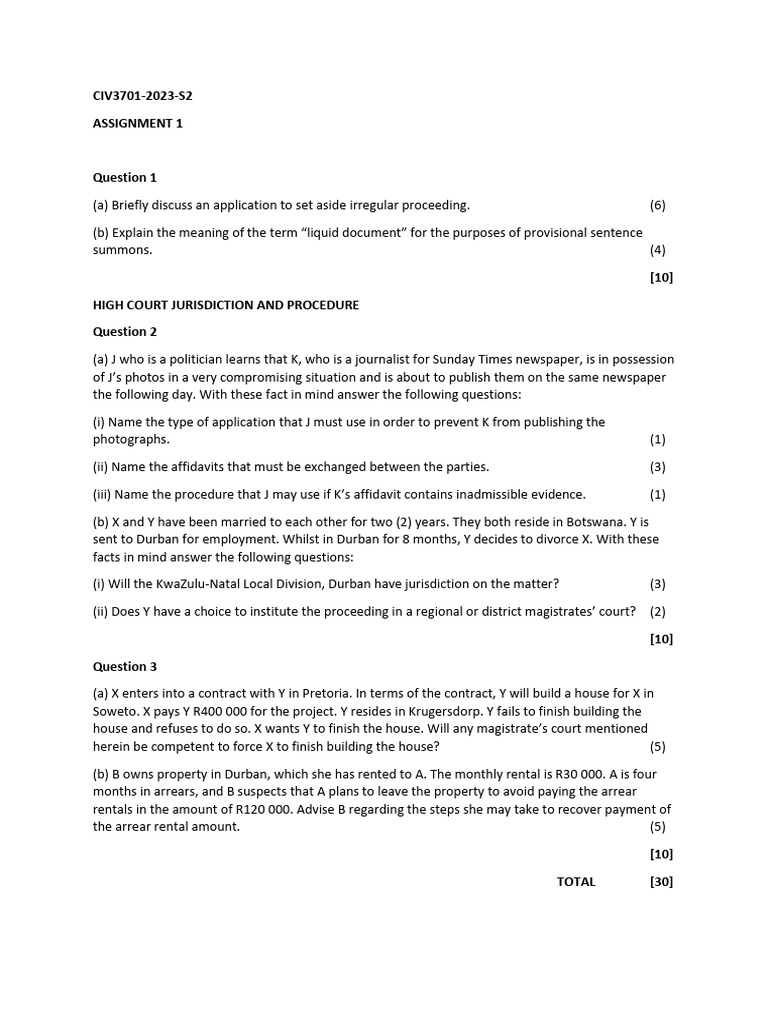 CIV3701 2023 S2 Assignment 1 | PDF | Legal Procedure | Separation Of Powers