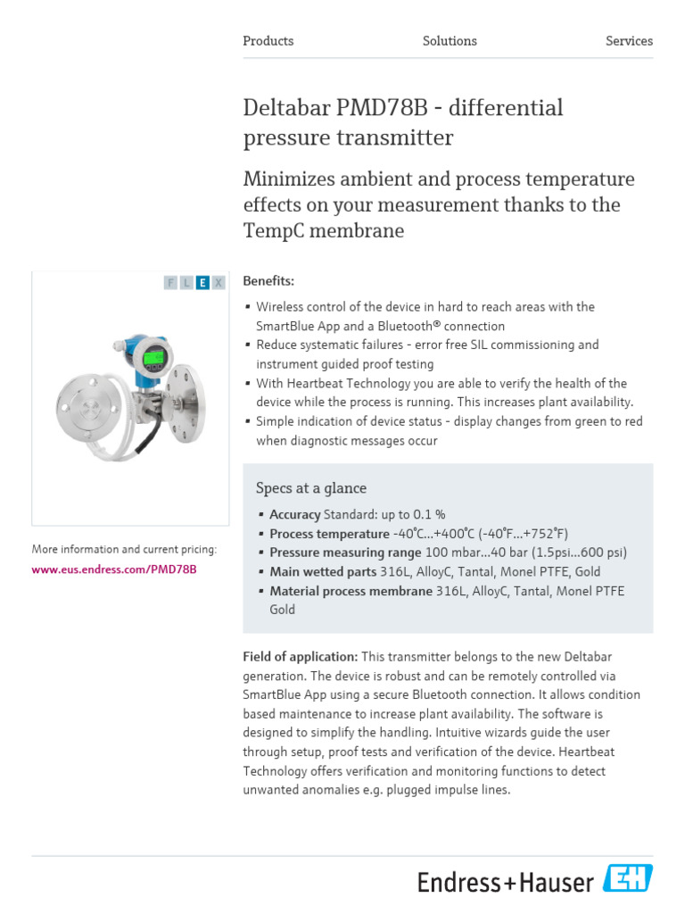 Endress-Hauser Deltabar PMD78B EN | PDF | Pressure Measurement