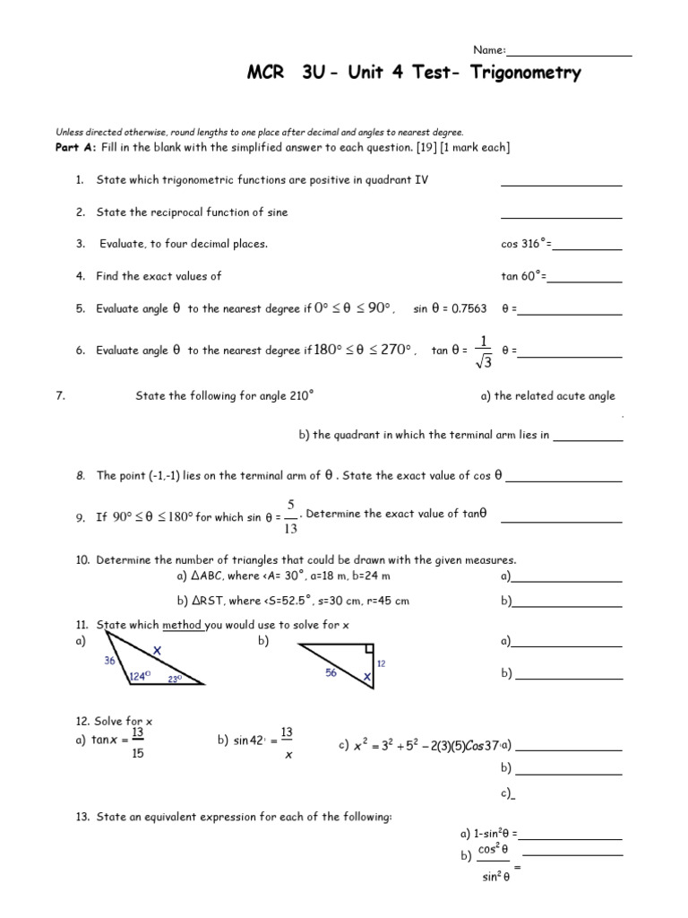 3U Trig 1 Test 2013 Apr | PDF | Trigonometry | Mathematical Analysis